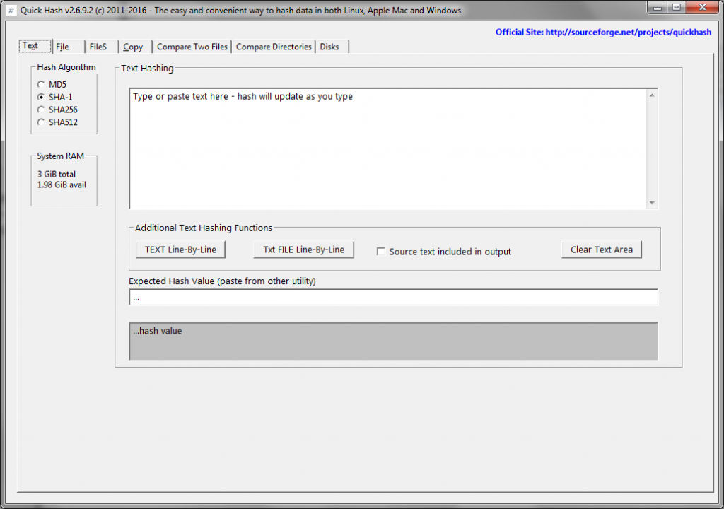 Initial Interface of Quickhash when loaded | QuickHash GUI