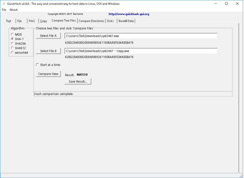 QuickHash-CompareTwoFiles | QuickHash GUI